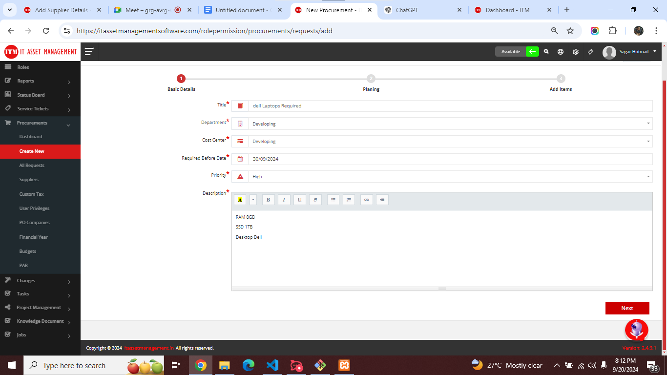 How to create a new Procurement Request? | ITM DOCS