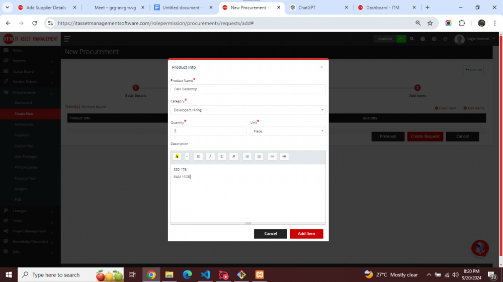 How to create a new Procurement Request? | ITM DOCS