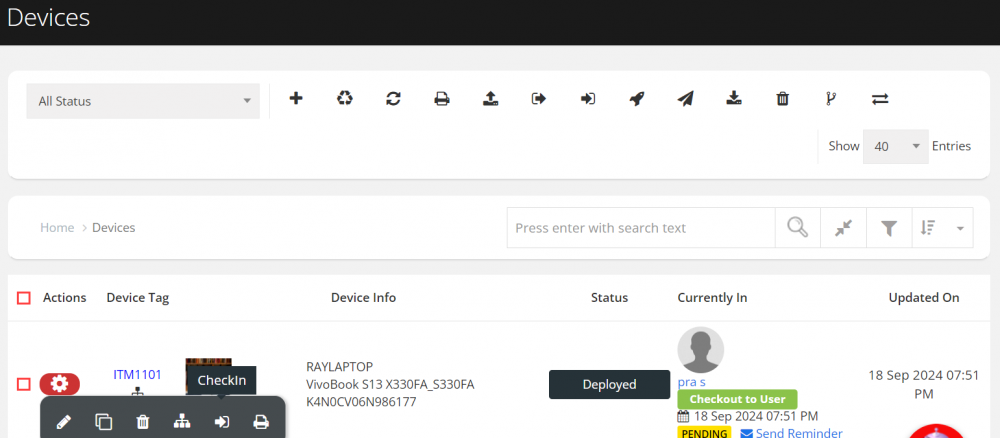 How to check in a Device? | ITM DOCS