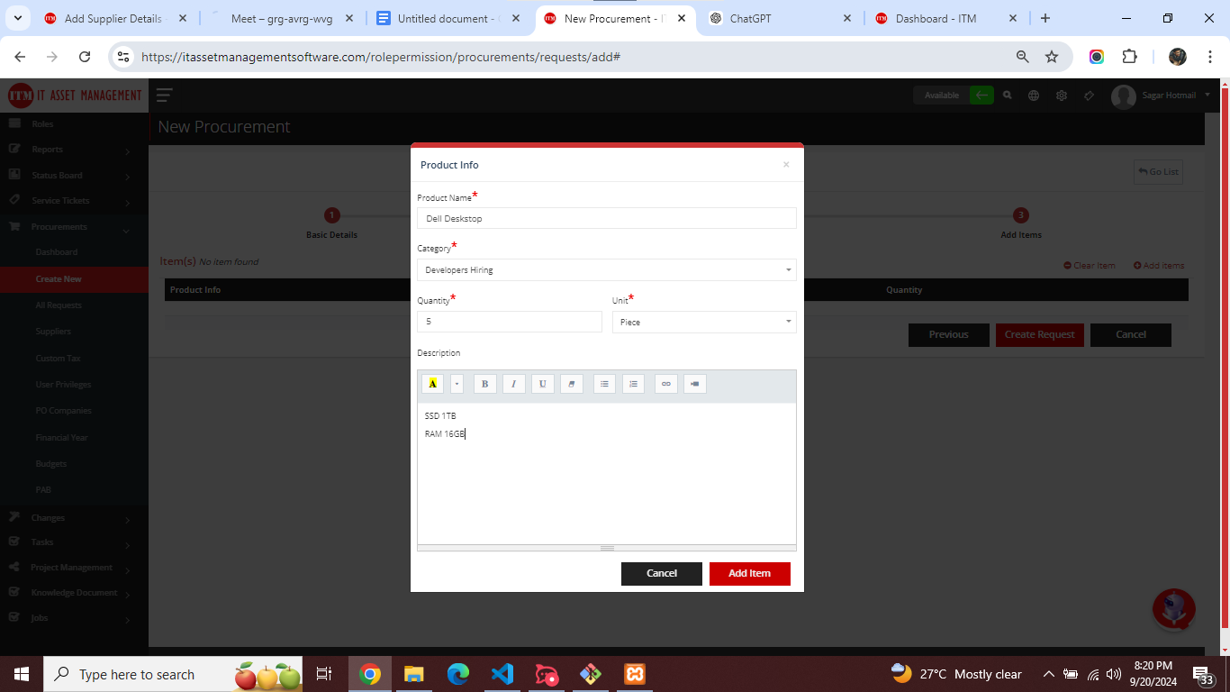 How to create a new Procurement Request? | ITM DOCS
